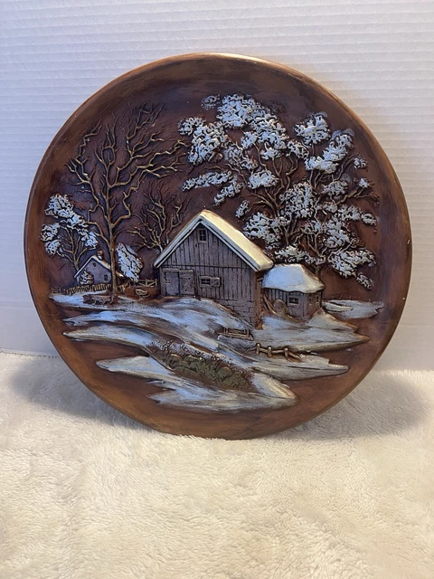 VINTAGE BYRON MOLDS 1972 3D Ceramic Wall Plate Winter Scene 13" $20.72 ...