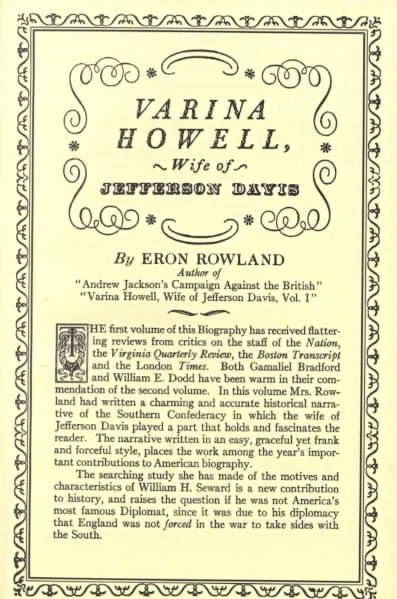 VARINA HOWELL : épouse de Jefferson Davis, livre de poche de Rowland ...