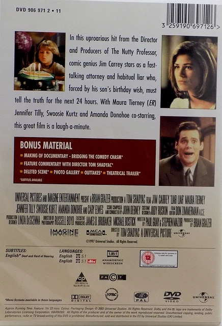 LIAR LIAR (1997) DVD (2003) R2,4 Jim Carrey, Maura Tierney, Amanda ...