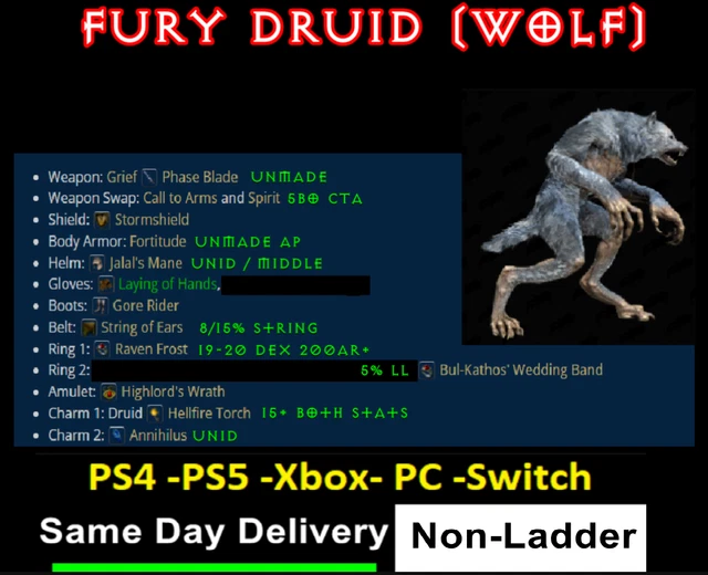 NL SC- FURY DRUID WEREWOLF FULL GEAR PC-XBOX-PS4-PS5-SWITCH Diablo 2 ...