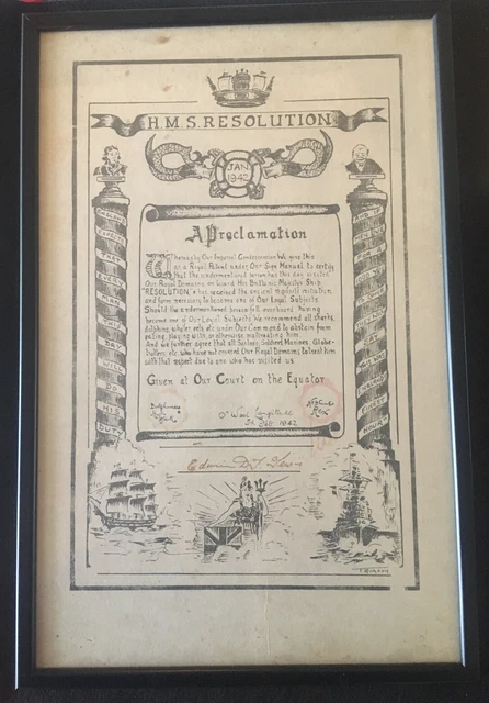 1942 WW2 ROYAL Navy HMS Resolution Certificate Crossing The Line to ...