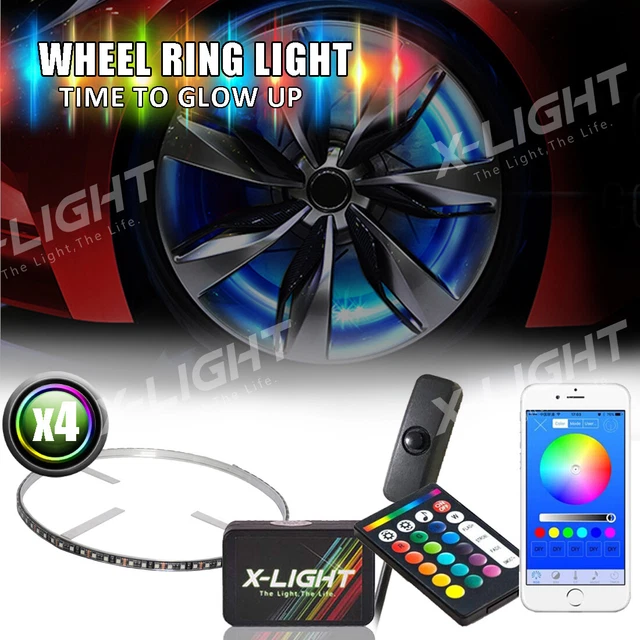 15& RGB LED Illuminated Wheel Rings Rim Light Kit w/Switch Bluetooth ...