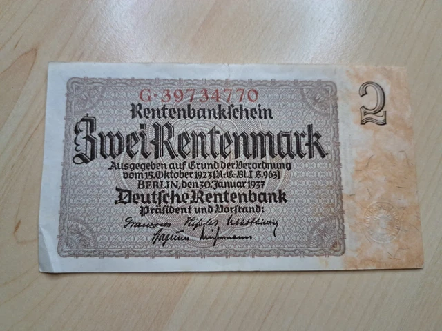 2 RENTENMARK REICHSBANKNOTE Berlin 1937 Third Drittes Reich German ...