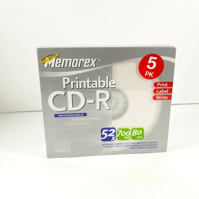 MEMOREX PRINTABLE CD-R 5 Pack 42X 700MB 80 Min Recordable Print Label ...