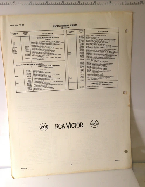 RCA VICTOR 1965 Television Service Data Sheet Vintage Chassis KCS 136MJ ...