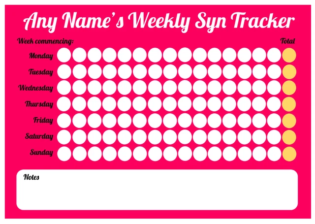 PERSONALISED WEEKLY SYN Tracker Chart - Weight Loss - With Pen - Any ...