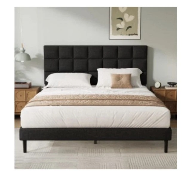 KING BED FRAME, Easy Assembly, Sturdy Wooden Slat Support, Upholstered ...