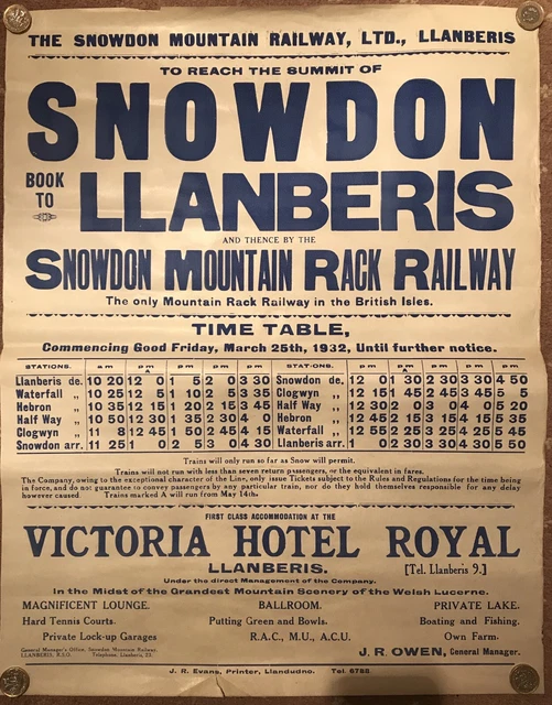 1932 GENUINE LARGE Railway Poster Llanberis Snowdon Mountain Wales ...