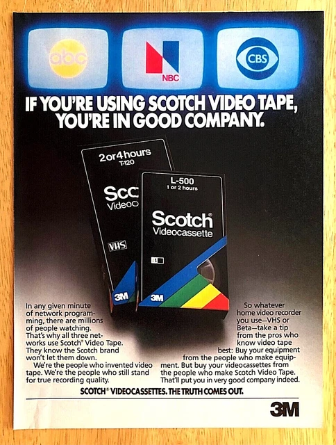 1980 3M SCOTCH Videocassette VHS Video Tape Cassette Beta ABC NBC CBS ...
