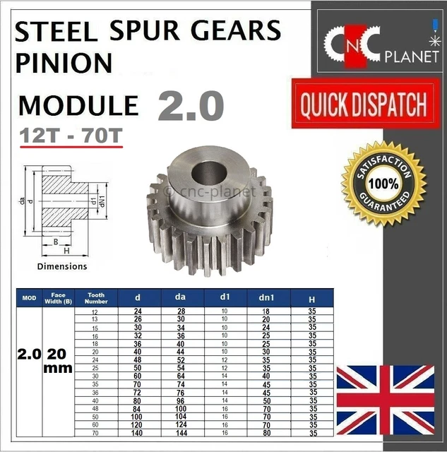 MODULE 2 20MM TOOTH FACE WIDTH STEEL SPUR GEAR PINION COG CNC PLASMA ...