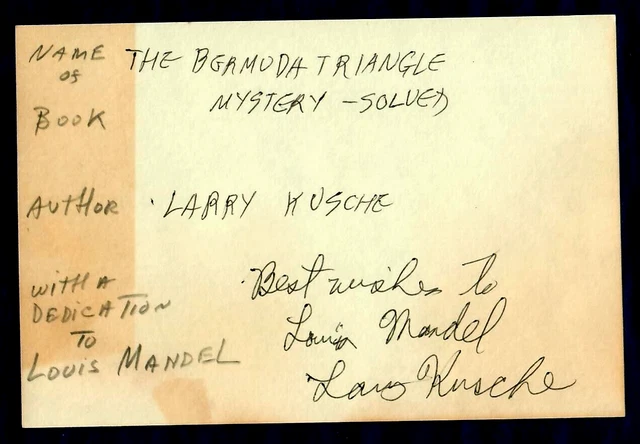 RARE ! &TRIANGLE des Bermudes" Larry Kusche carte 4X6 signée à la main ...