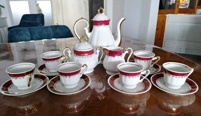 PORZELLAN KAFFEESERVICE MOKKA 6 Personen FP Zajecar Edel weiß burgund ...