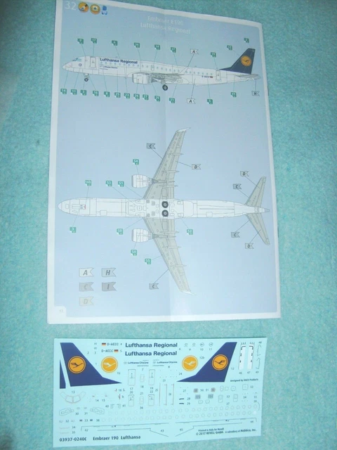 REVELL EMBRAER 190 Lufthansa 1/144 Scale decal & Instructions only new ...