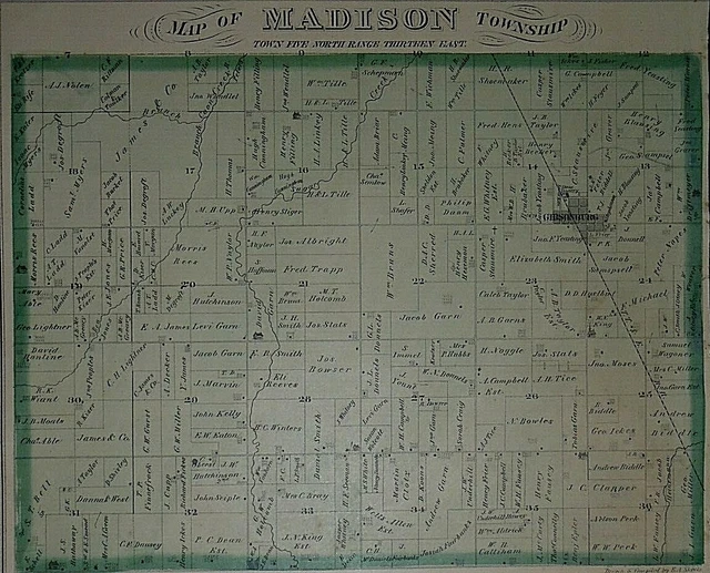 VINTAGE 1874 RAILROAD & Land Owner Plat Map ~ MADISON Twp. SANDUSKY Co ...