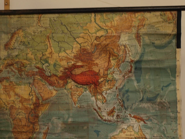 WALL MAP PHYSICAL World Map Earth Germany~1915 Produced 205x132 Vintage ...