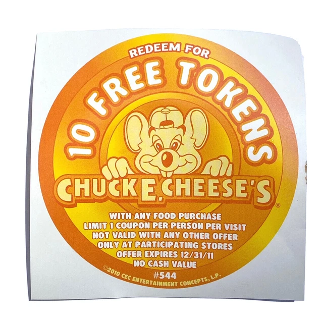 VINTAGE CHUCK E Cheese's Sticker Redeem For 10 Free Tokens 2010 #544 £4 ...