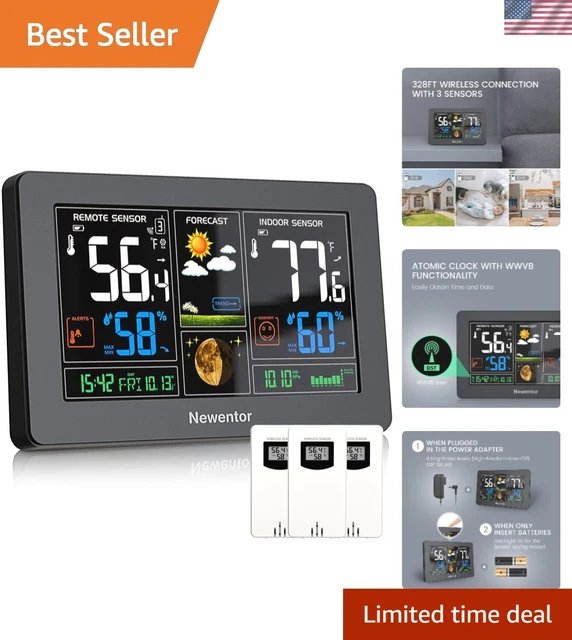 3-CHANNEL WIRELESS WEATHER Station with Alarm Clock & Humidity Monitor ...