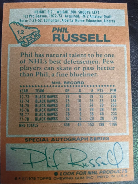 PHIL RUSSELL 1978-79 Topps #12 NM-MT NHL Chicago Blackhawks Calgary ...