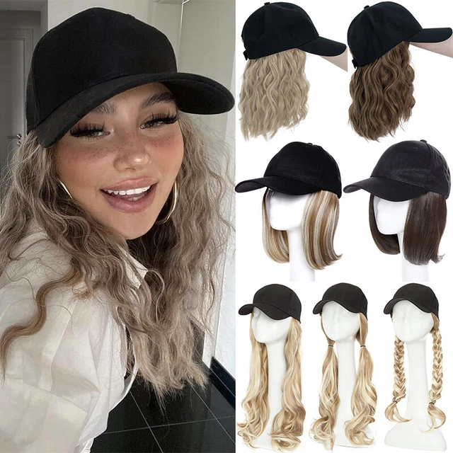 WOMEN BASEBALL HAT with Synthetic Hair Short Straight Bob Wig Baseball ...