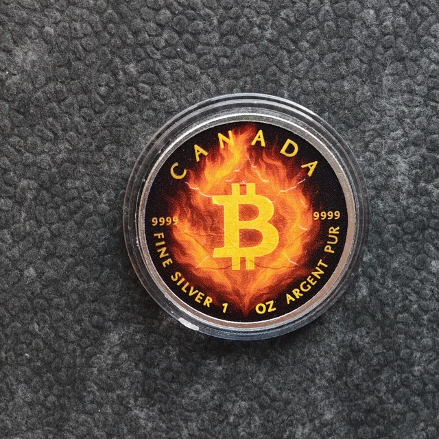 2025 1OZ SILVER Canada Maple Leaf Burning Bitcoin Crypto Etui Certif ...