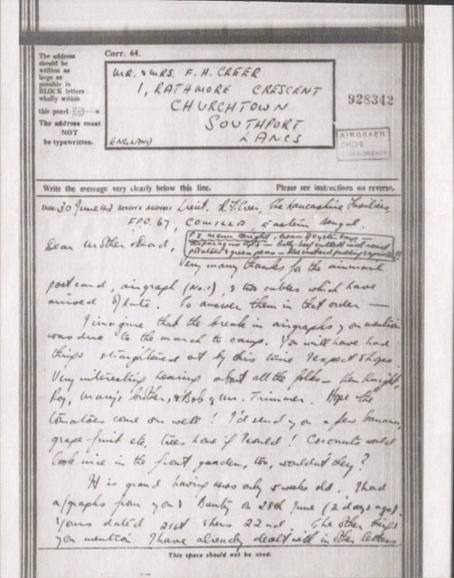 WW2 AIRGRAPH INDIA-SOUTHPORT Lieutenant 10th Btn Lanc's Fusiliers 30th ...