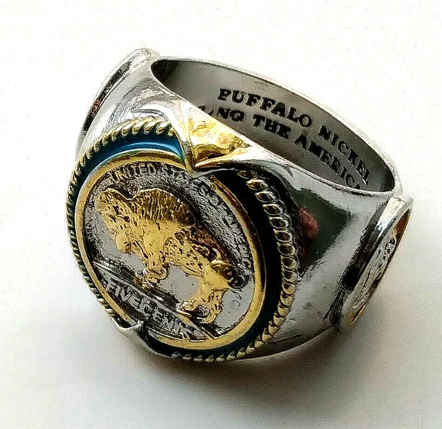 BUFFALO GOLD SILVER Ring Coin Indian Retro Old USA 1937 U C Vintage ...