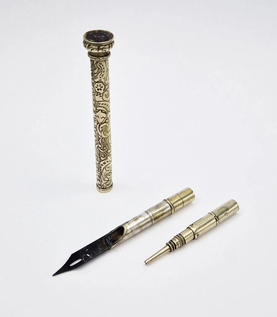 VICTORIAN SILVER PLATED DUAL PROPELLING PENCIL & DIP PEN c1860 INTAGLIO ...