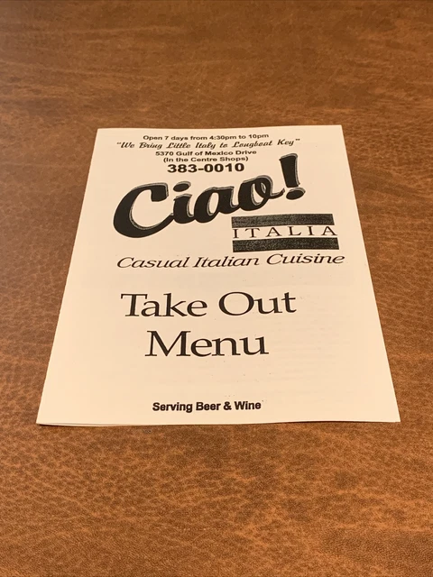 RARE - CIAO Italia Italian Cuisine Longboat Key Florida Menu $24.99 ...