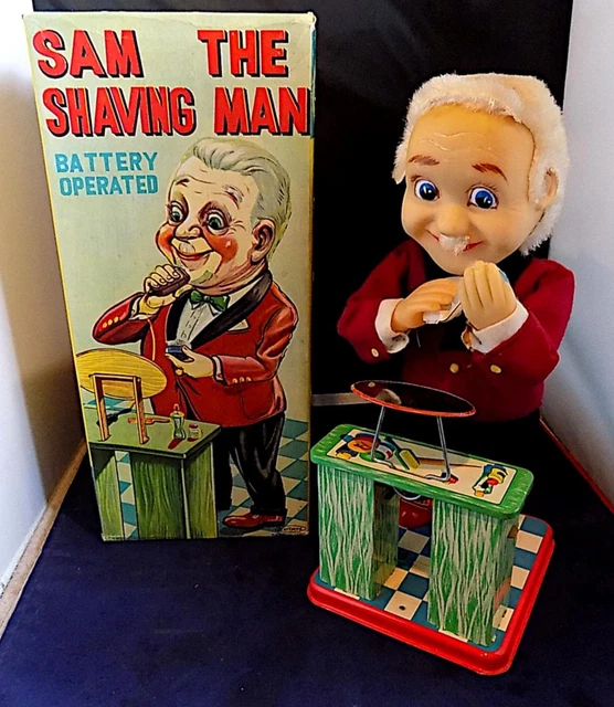 VINTAGE RARE TIN Battery-Operated Sam the Shaving Man, Plaything Co ...