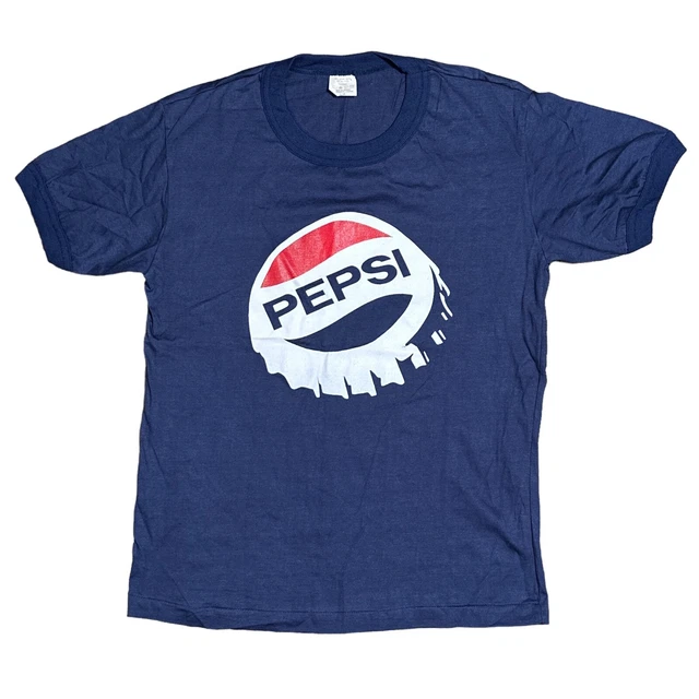 VINTAGE 80S PEPSI Cola Pop Soda Bottle Cap Navy Blue Ringer T Shirt ...