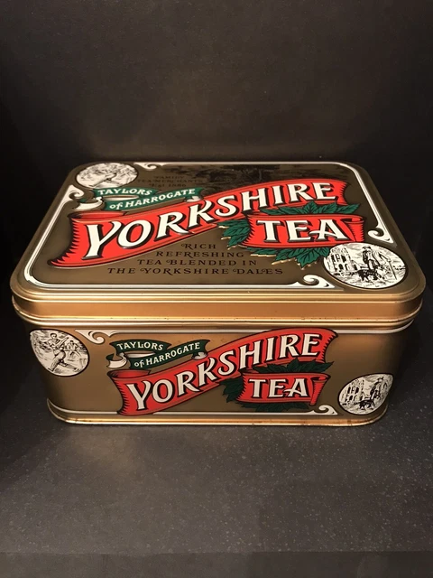 TAYLORS OF HARROGATE Yorkshire Tea Embossed Lid Gold tone Caddy Tin ...