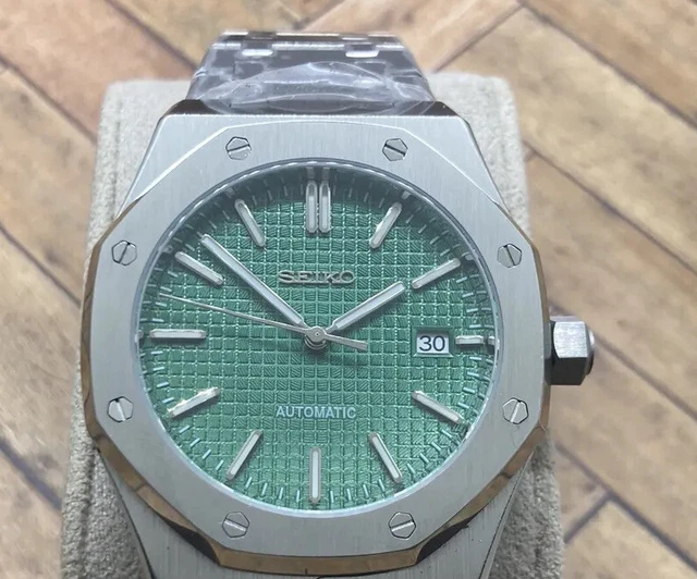 CUSTOM SEIKO MOD Watch Nh35 Automatic Emerald Green Silver Royal Oak ...