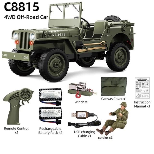 JJRC C8815 1/10 Military RC Car 2 Battery+Canvas cover +Winch+Driver ...