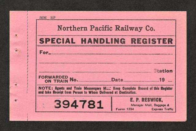 VINTAGE NORTHERN PACIFIC Railway Special Handling Register Stamp and ...