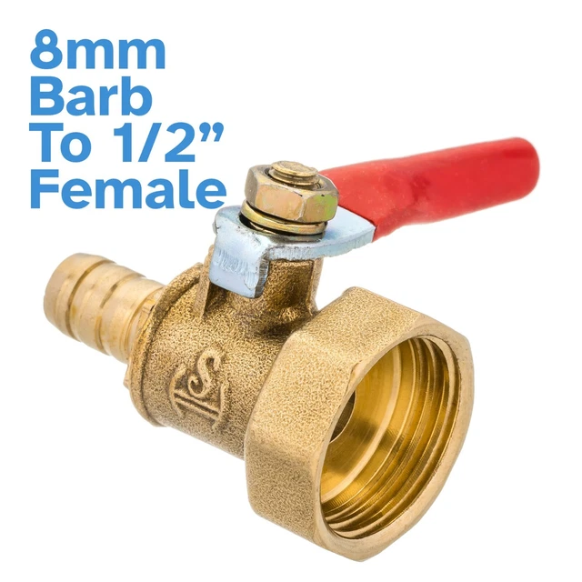 BRASS 8MM BARB - 1/2" Female BSP Shut Off Valve Hose Cock Tap Inline ...