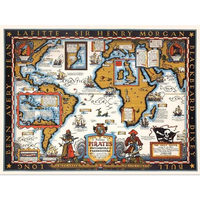 MAP HARBOLD 1938 Famous Pirates World Pictorial Large Wall Art Print ...