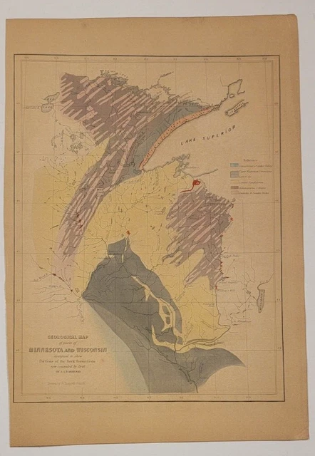 ANTIQUE 1852 COLORED map Owen Geological map of parts of Minnesota and ...