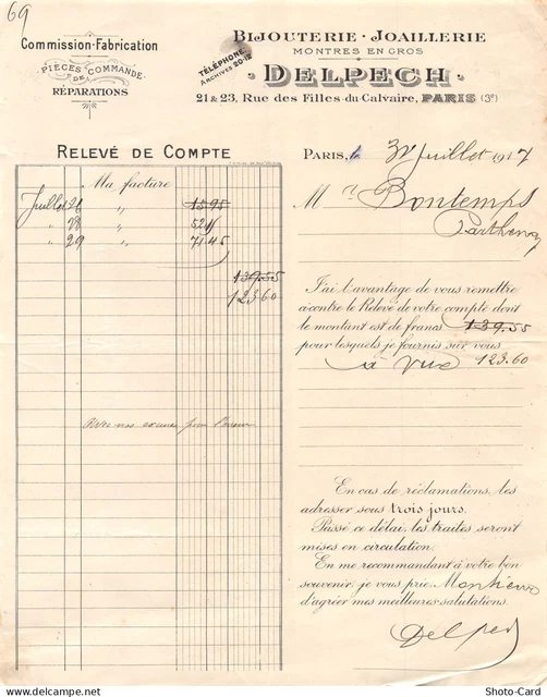FACTURE 1919 Bijouterie Joaillerie Delpech A Paris-M. Bontemps A ...
