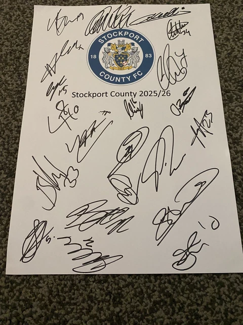 STOCKPORT COUNTY FOOTBALL Club 2025/26 Signed A4 Sheet By Lowe Diamond ...