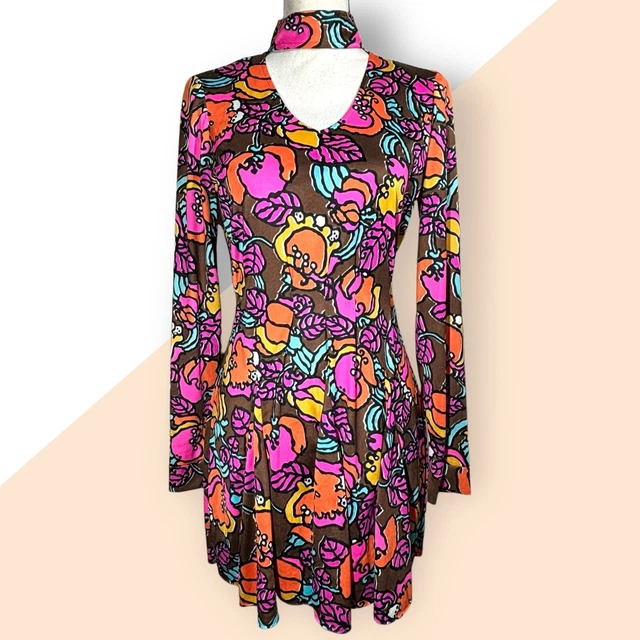 VINTAGE 60S 70S Mod Gogo Psychedelic Mini Dress With Collar Size S $113 ...