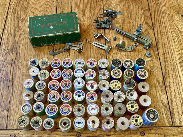 VINTAGE SINGER SEWING Machine Attachments 120360 & 59 Wooden Spools Of ...