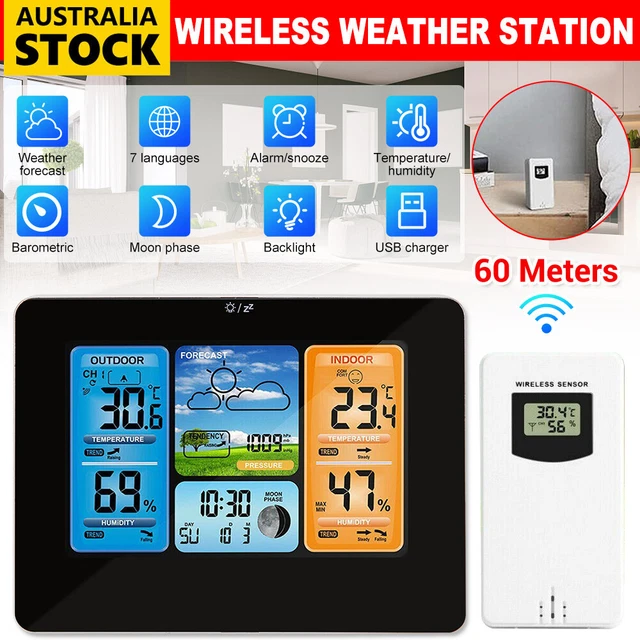 INDOOR OUTDOOR WEATHER Station Alarm Digital Clock Temperature Humidity ...