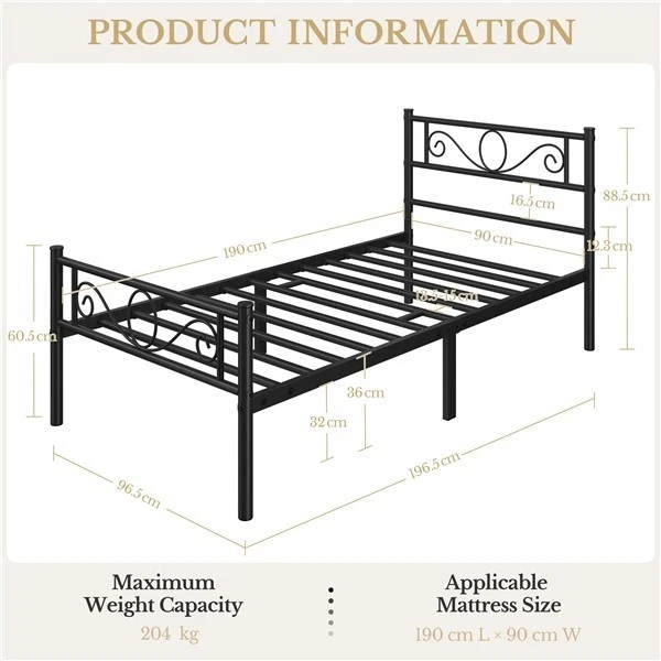 SINGLE METAL BED Frame with Scroll Design Headboard and Footboard ...