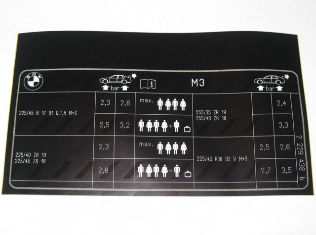 BMW E46 M3 Reifendruck Tisch Tabelle Label Sticker 71242229438 Neu ...