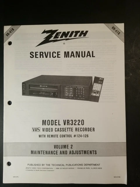 ZENITH SERVICE MANUAL Model VR1870 VHS Video Cassette Recorder Vol 3 ...