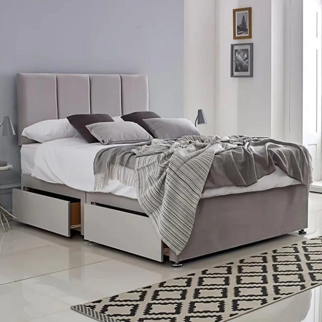 LUXURY DIVAN PLUSH Velvet Bed Set With Headboard, Mattress And Storage ...
