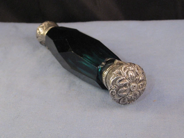 ANTIQUE SILVER AQUA Marine Green Glass Double Perfume Scent Bottle ...