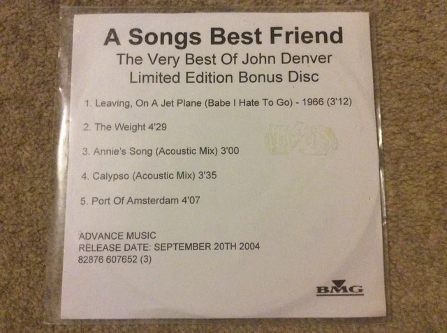 VERY RARE JOHN Denver A Songs Best Friend Limited Edition 5 Track Bonus ...