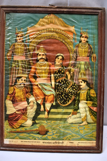 VINTAGE RAJA RAVI Varma Oleograph Print Press Mahabharat Pandav Sabha ...
