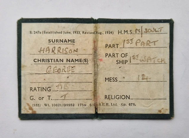 WW2 ROYAL NAVY H.M.S Soult Disembarkation Pass George Harrison Able ...